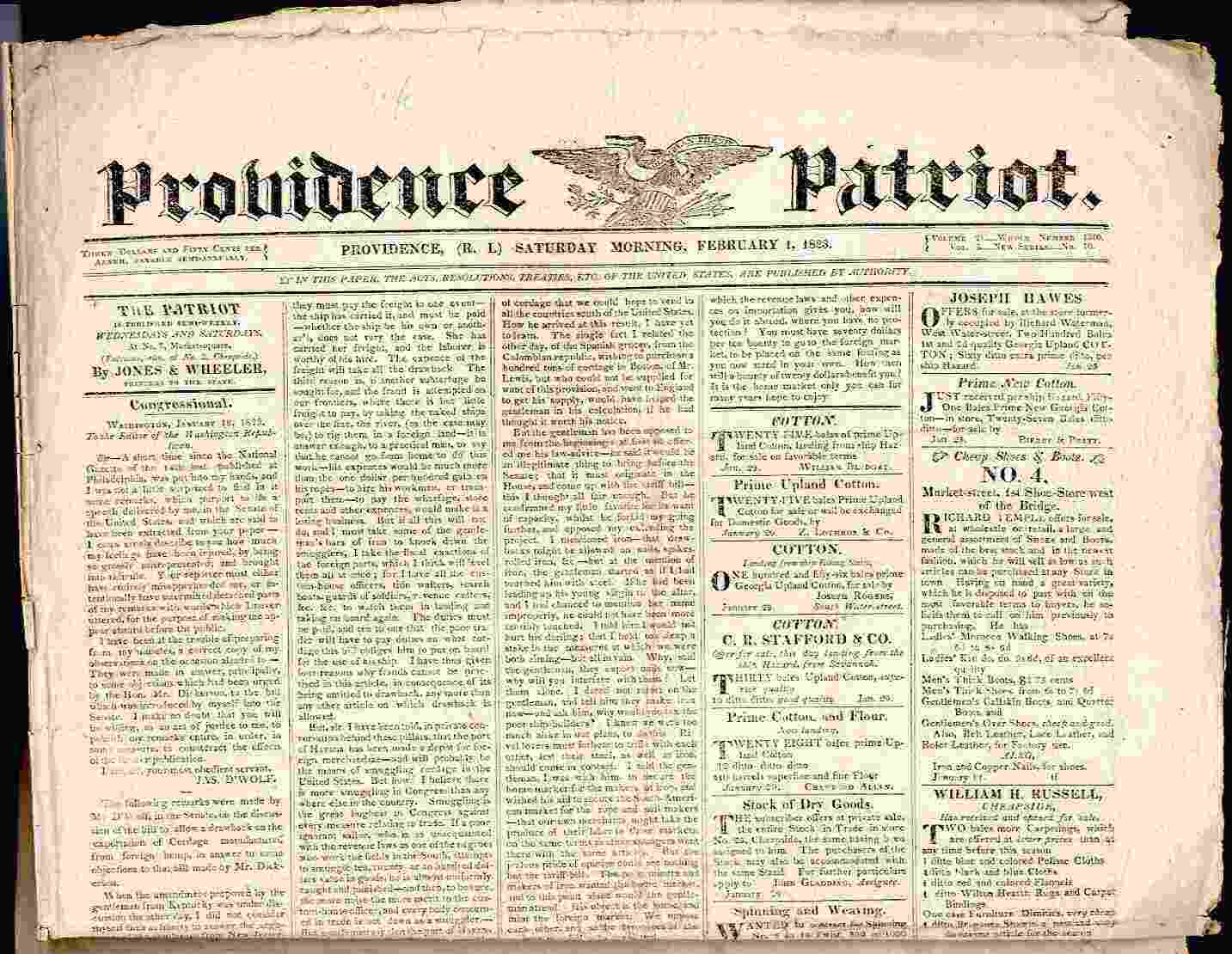 PROVIDENCE PATRIOT (NEWSPAPER) VOL 21 NO 1310, FEB 1, 1823 (G) [Lbc]