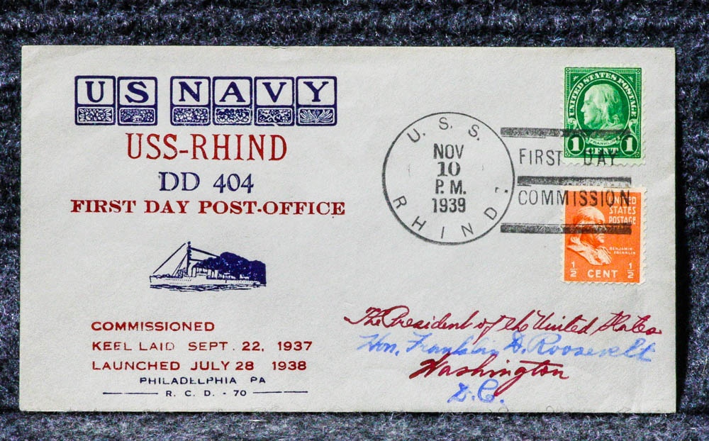 USS RHIND NAVAL CACHET ADDRESSED TO FRANKLIN D ROOSEVELT FROM HIS STAMP ...