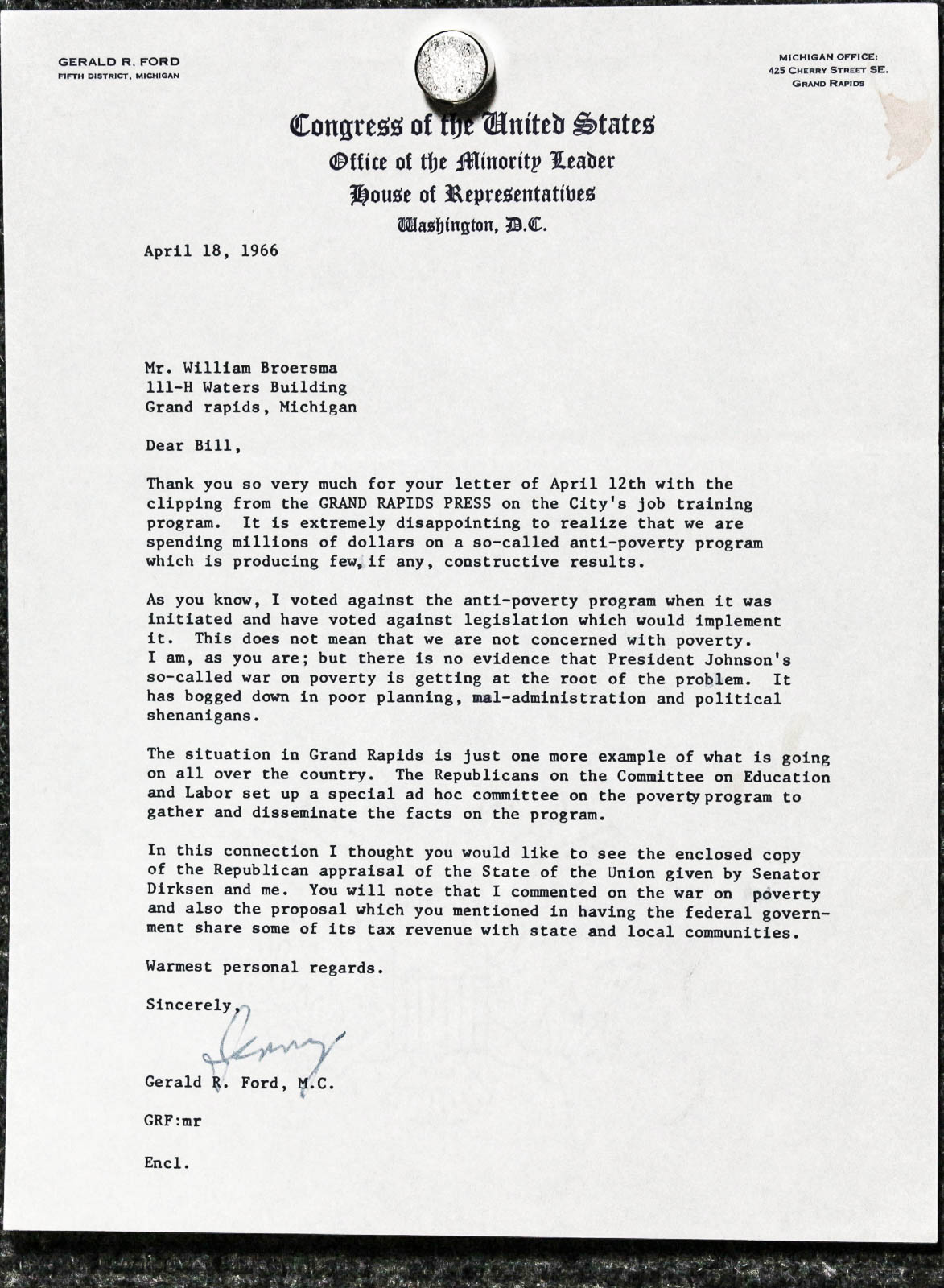 President Ford Typed Letter Signed With Both Autopen And Genuine Signature