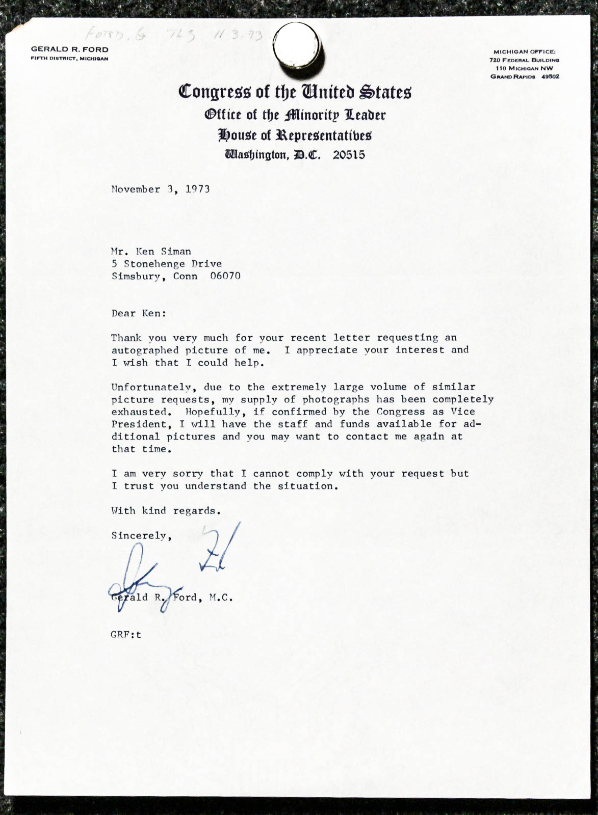 President Ford Typed Letter Signed With Both Autopen And Genuine Signature