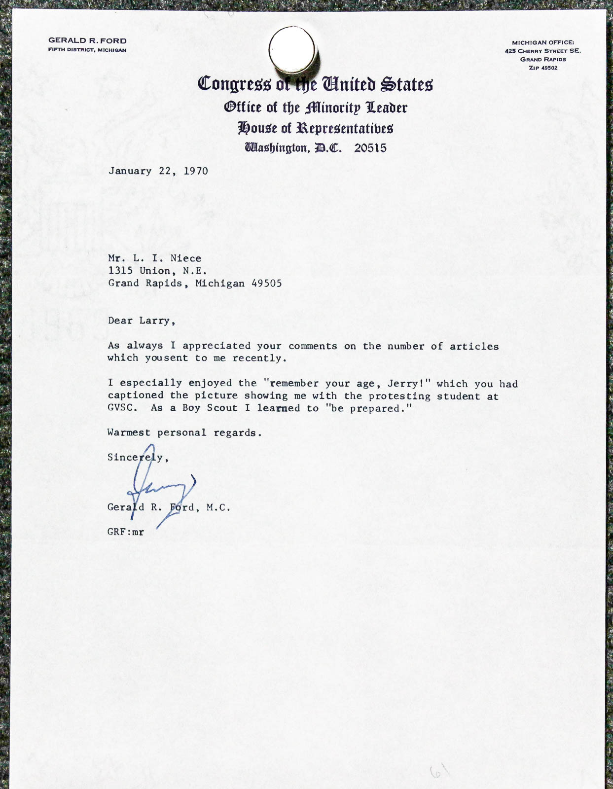 President Ford Typed Letter Signed With Both Autopen And Genuine Signature