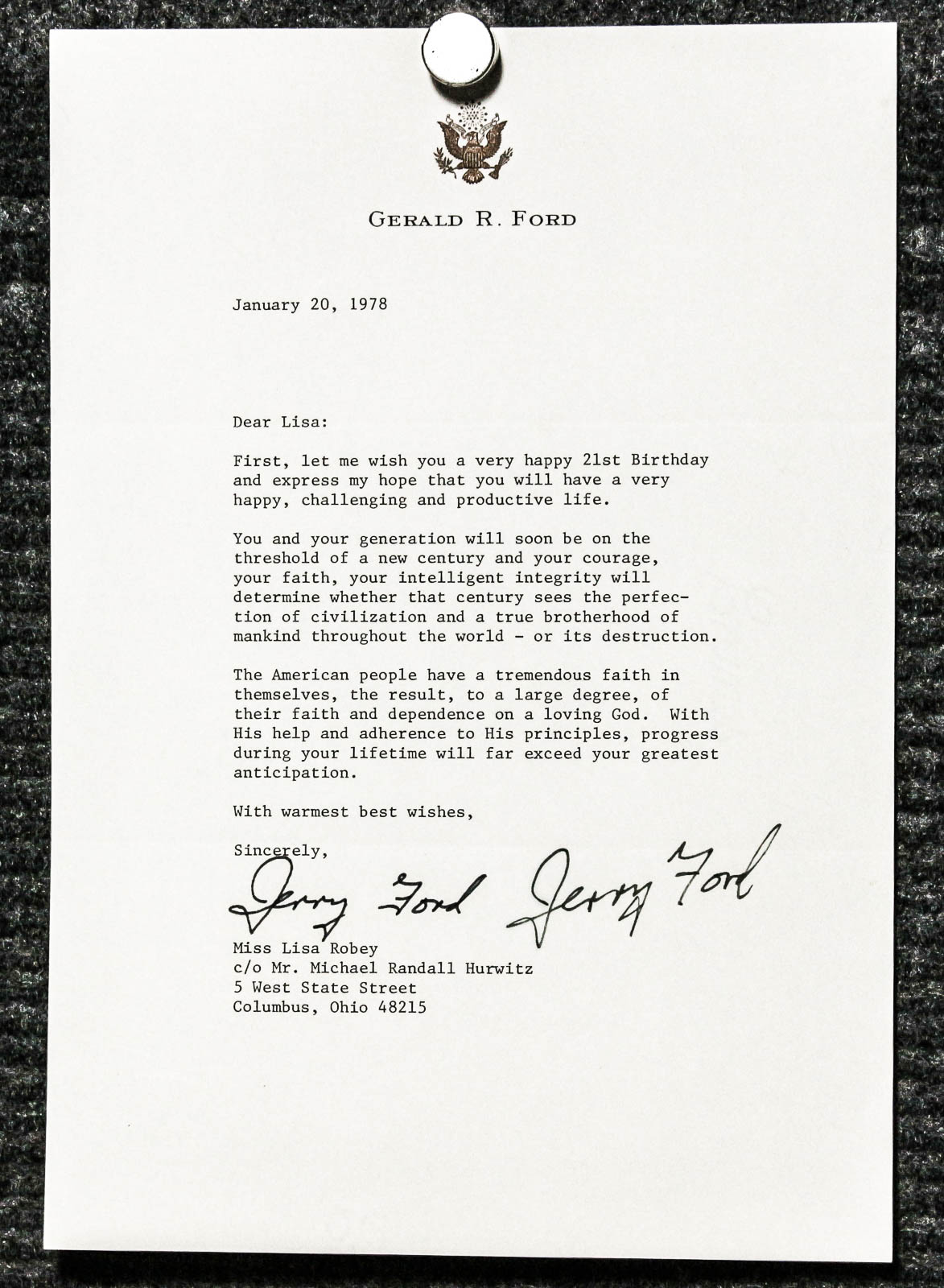 President Ford Typed Letter Signed With Both Autopen And Genuine Signature
