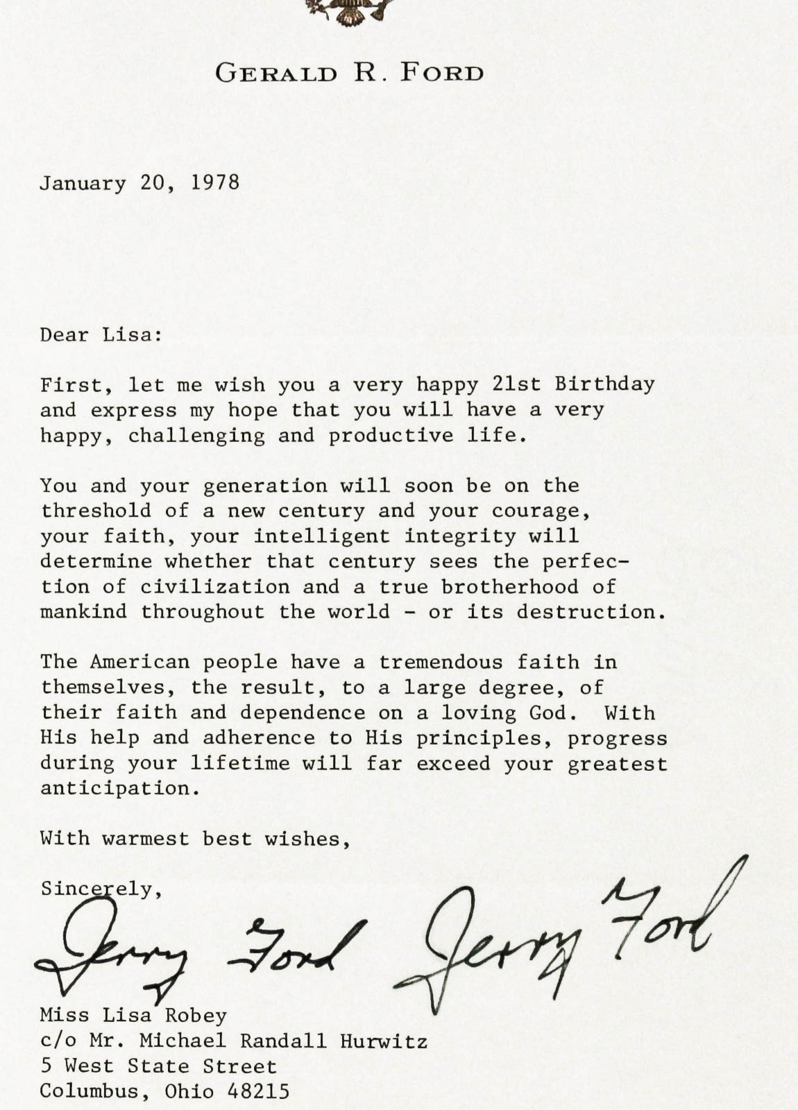 President Ford Typed Letter Signed With Both Autopen And Genuine Signature