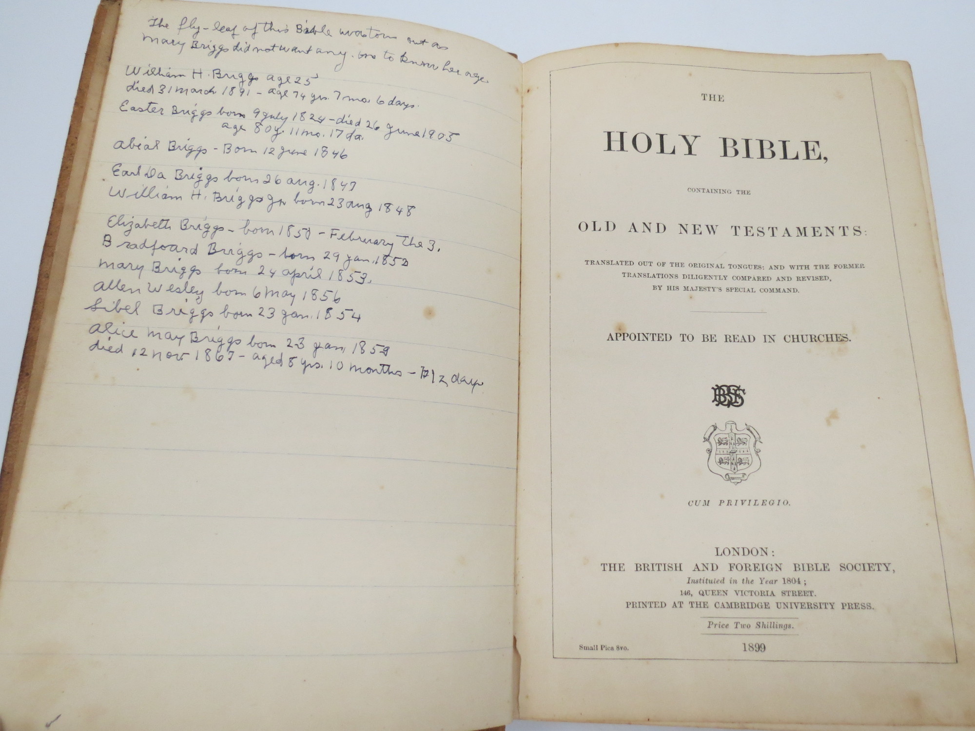THE HOLY BIBLE (FAMILY RECORDS OF COWPERTHWAITE AND BRIGGS) Containing the Old and New ...