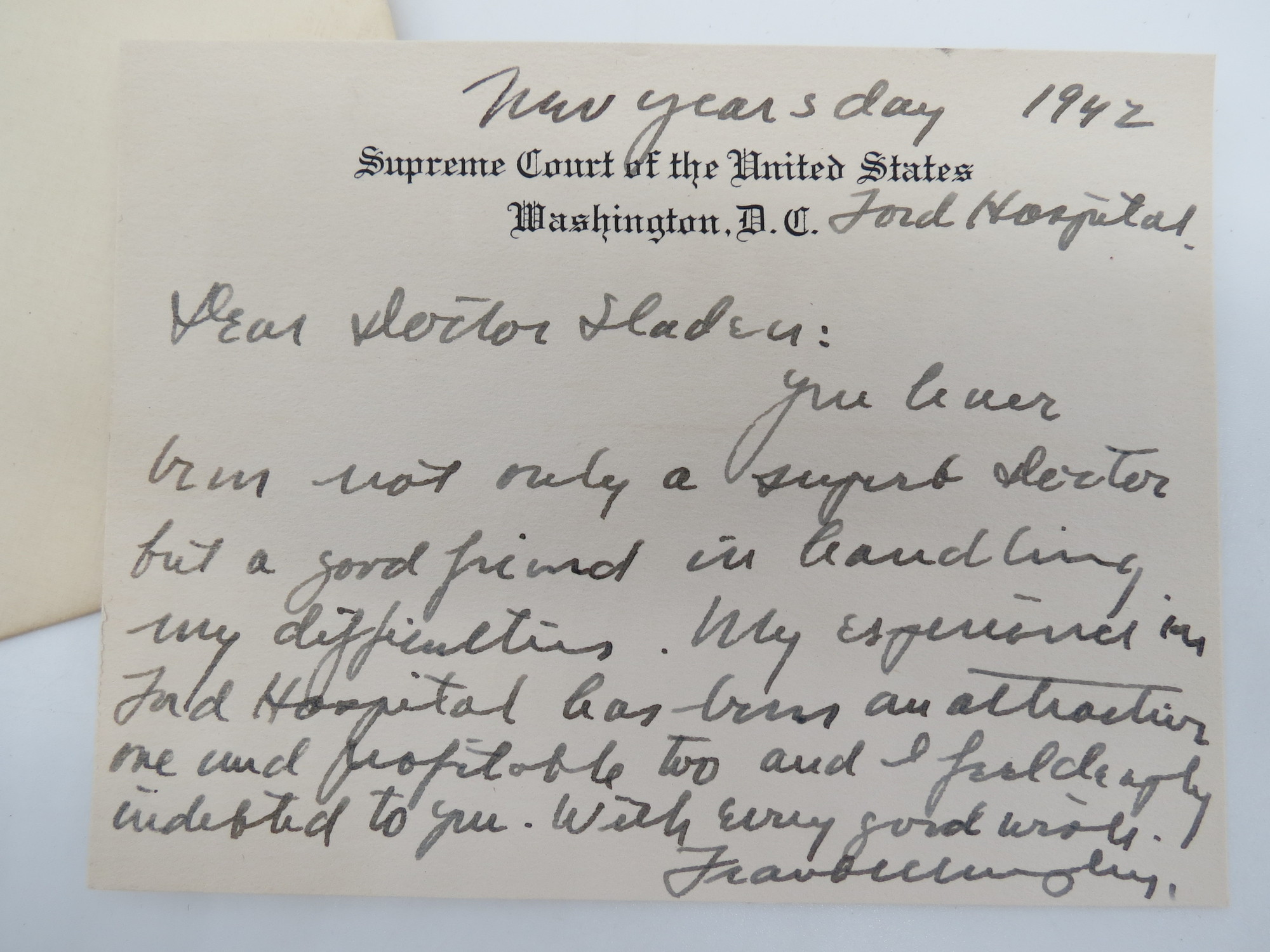 HANDWRITTEN SIGNED LETTER FROM SUPREME COURT JUSTICE FRANK TO DR. FRANK ...