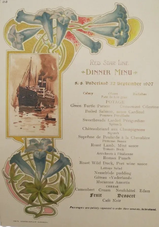 ORIGINAL FRITZ SCHNELLER ART NOUVEAU RED STAR LINE DINNER MENU 1907