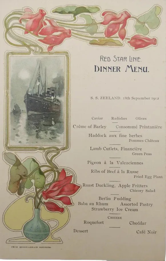 ORIGINAL FRITZ SCHNELLER ART NOUVEAU RED STAR LINE DINNER MENU 1902