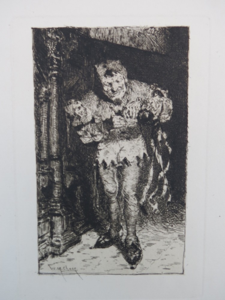 ANTIQUE 1889 ETCHING KEYING UP THE COURT JESTER BY WILLIAM MERRITT CHASE