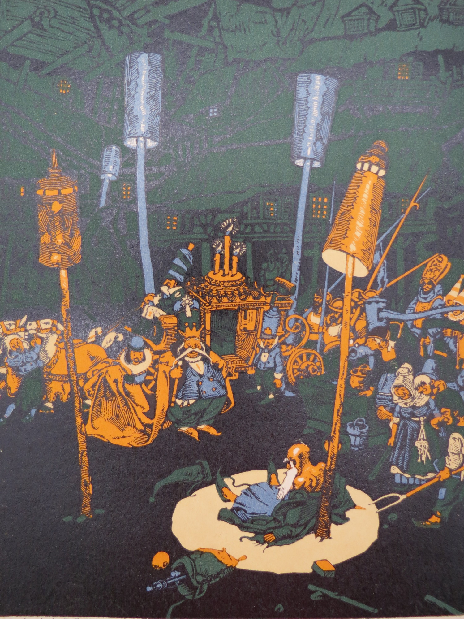 VINTAGE STORY ILLUSTRATION WOODCUT COLOR PRINT