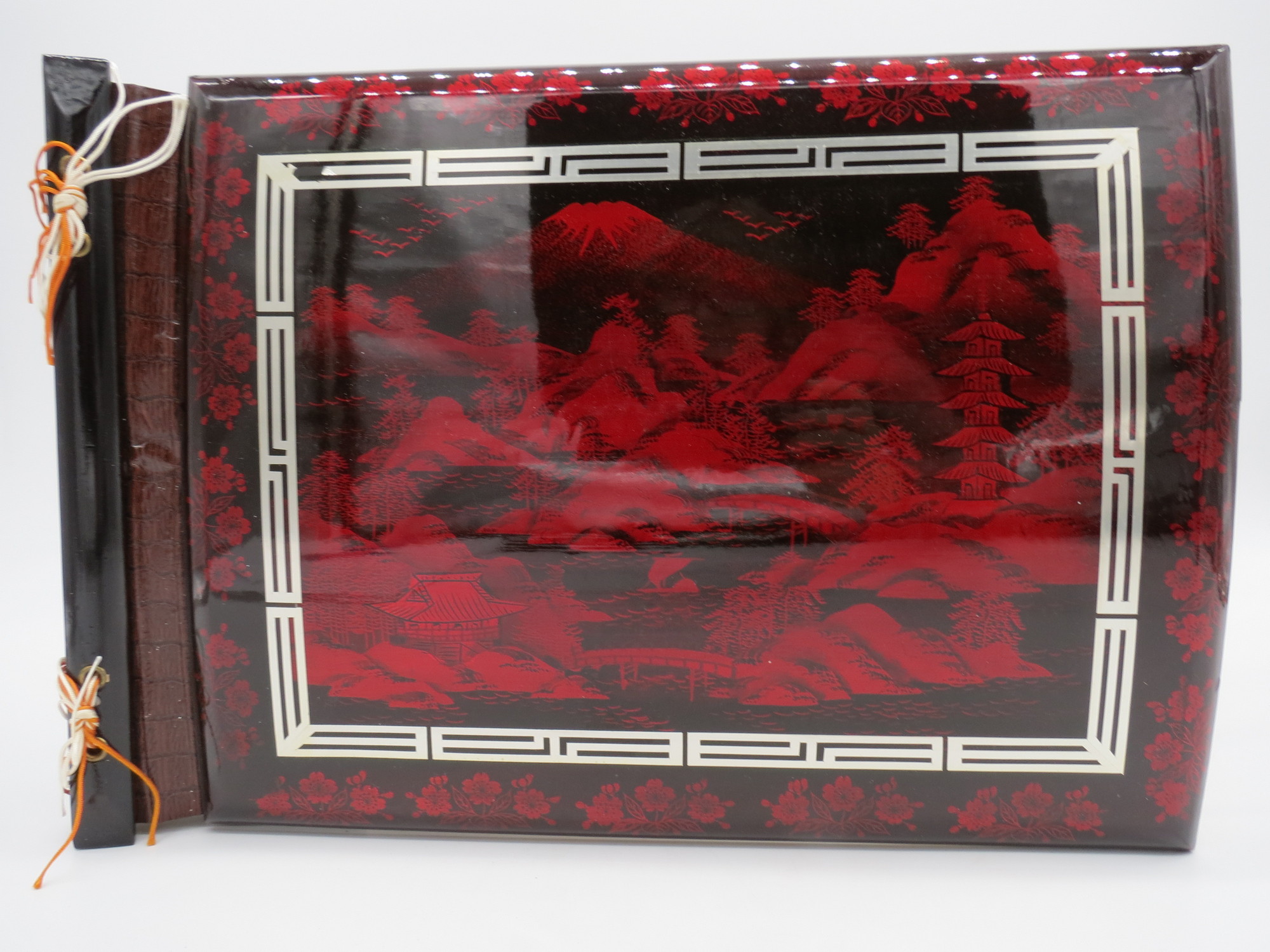JAPANESE MID CENTURY PHOTO ALBUM RED AND BLACK LAQUER PAGODA MOUNTAIN SCENE