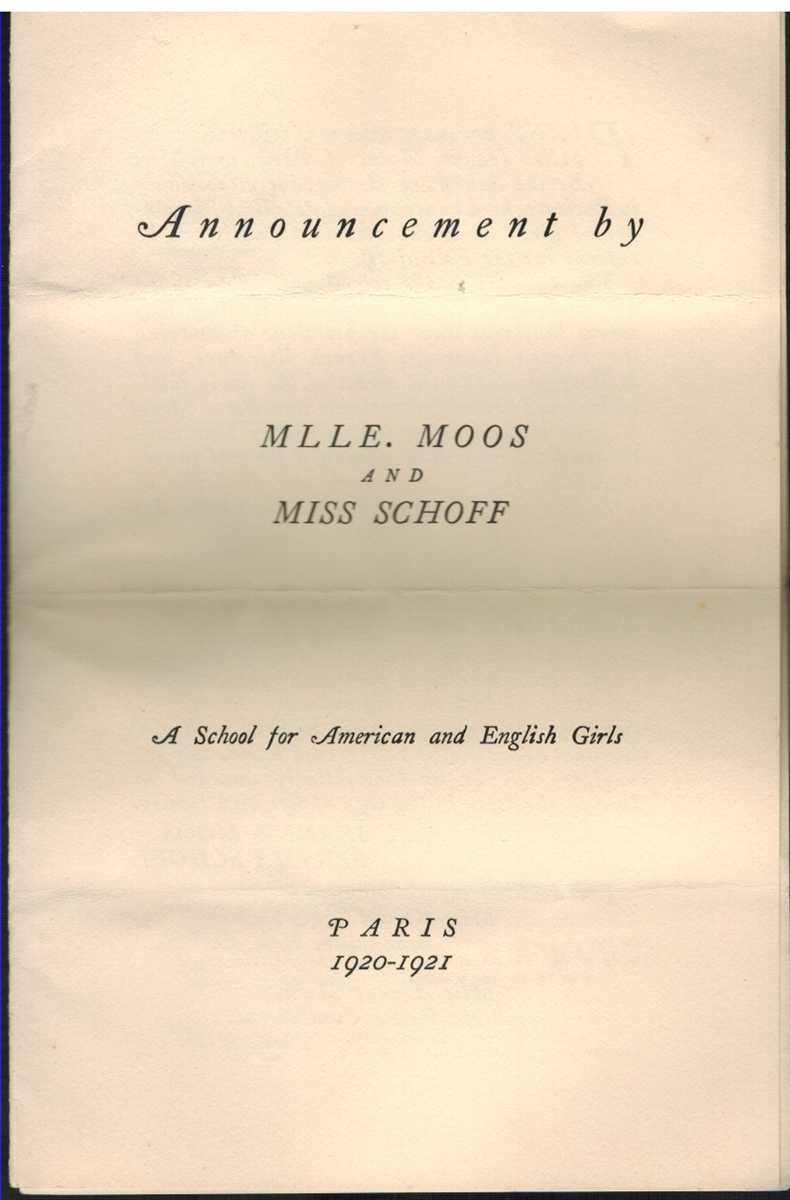 A SCHOOL FOR AMERICAN AND ENGLISH GIRLS Announcement Paris 1920-1921