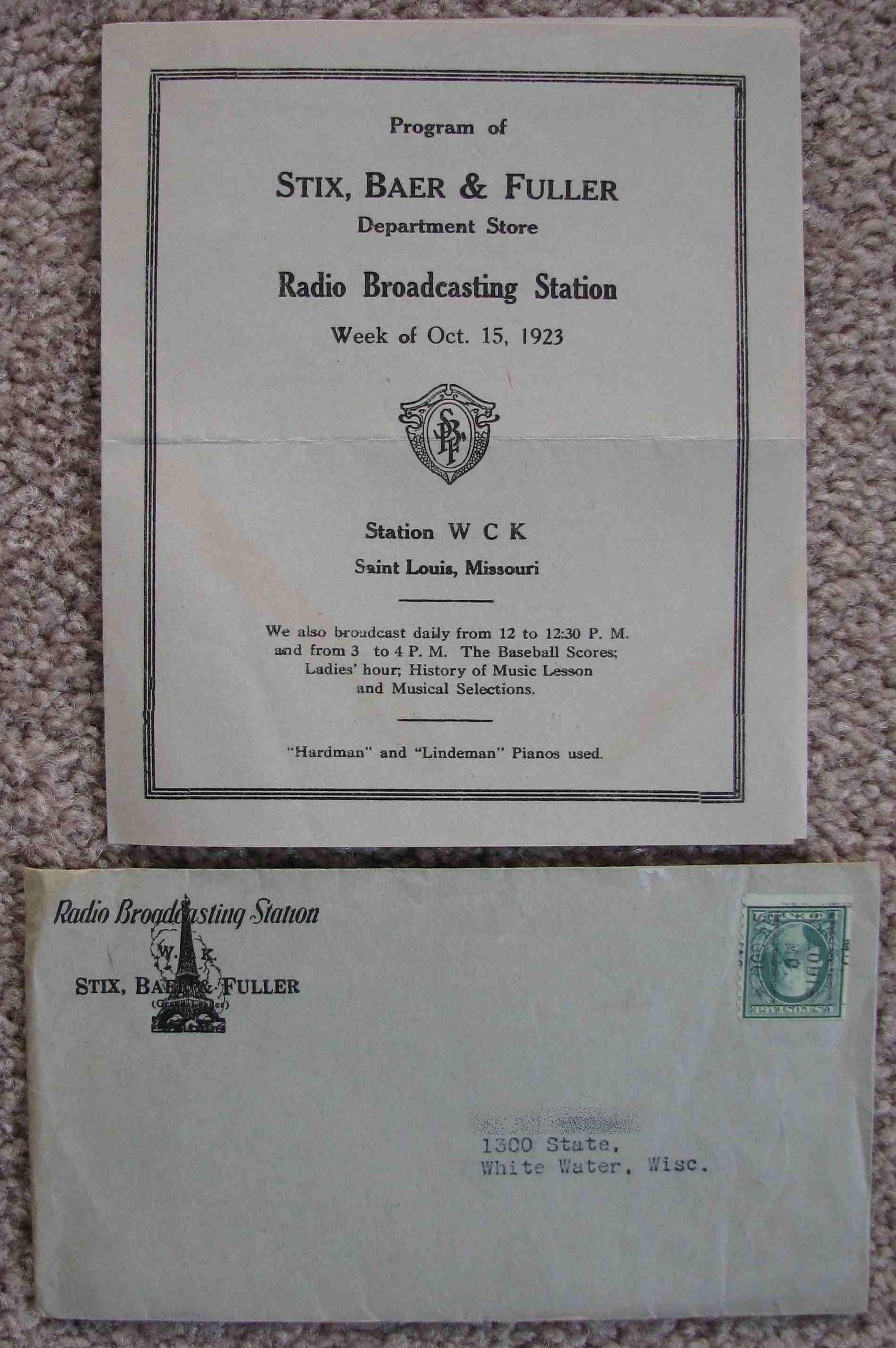 1923 Radio Station WCK Program Schedule [Stix, Baer & Fuller Department ...