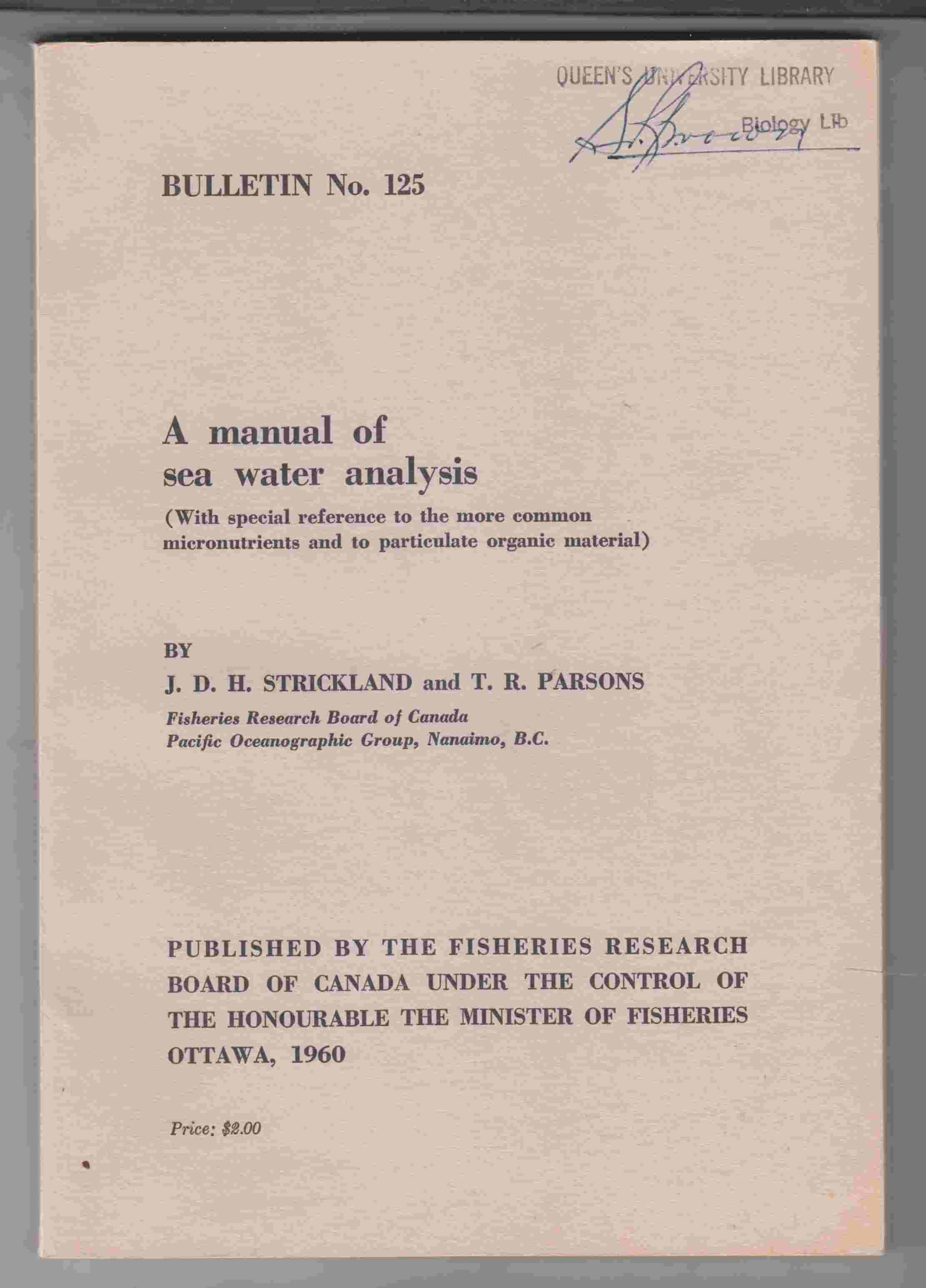 A Manual of Sea Water Analysis
