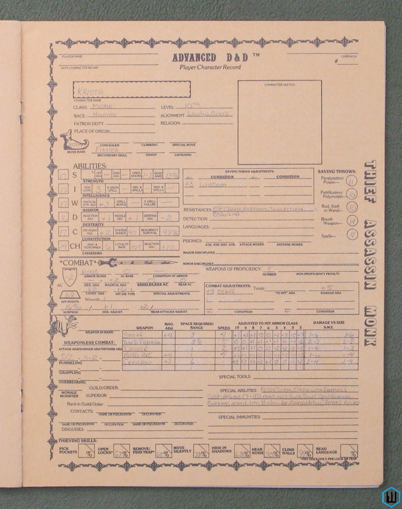 Player Character Record Sheets FILLED (Advanced Dungeons Dragons) Gold ...